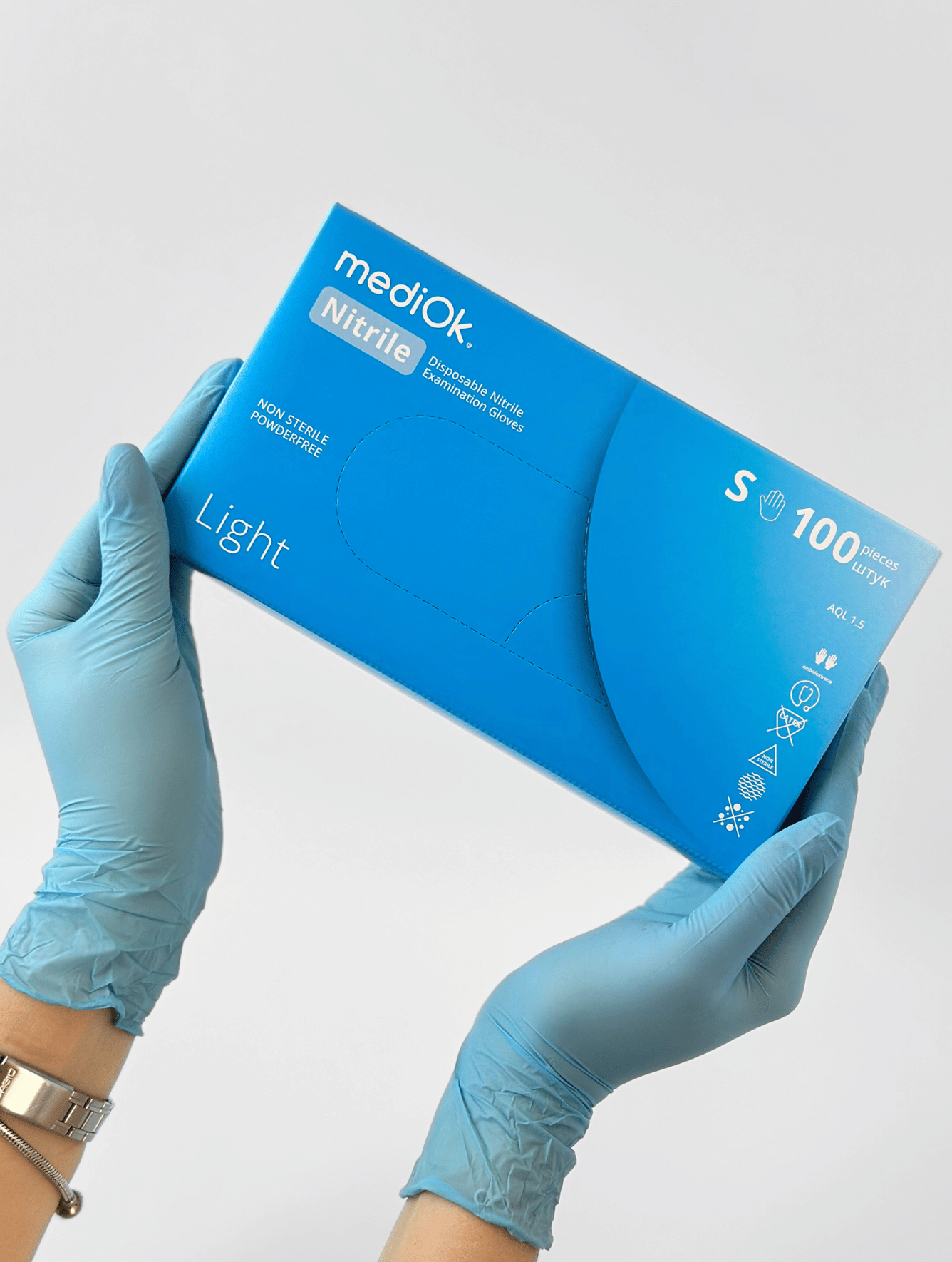 Рукавички нітрилові (розмір S) блакитні 3г mediOk Nitrile Light, 100 шт ...