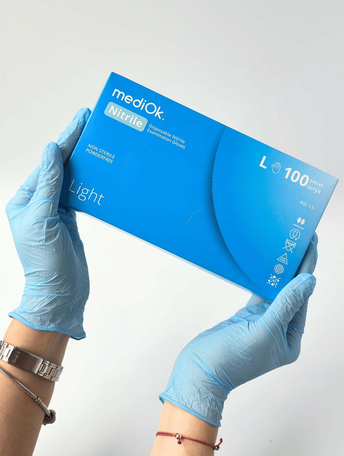 Рукавички нітрилові (розмір L) блакитні 3г mediOk Nitrile Light, 100 шт ...