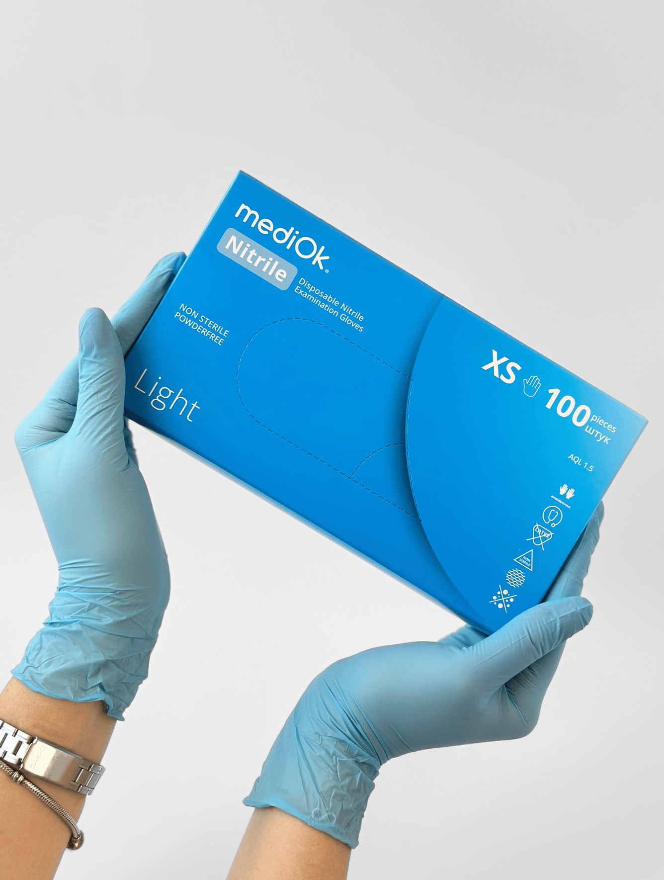 Рукавички нітрилові (розмір XS) блакитні 3г mediOk Nitrile Light, 100 ...